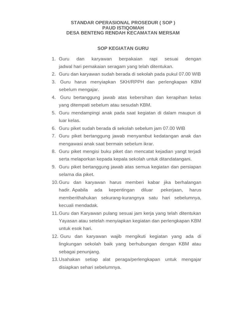 SOP Kegiatan dan Tugas PAUD Istiqomah | PDF