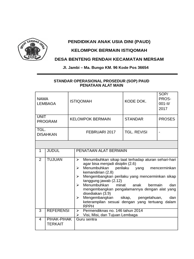 SOP Penataan Alat Main PAUD Istiqomah | PDF
