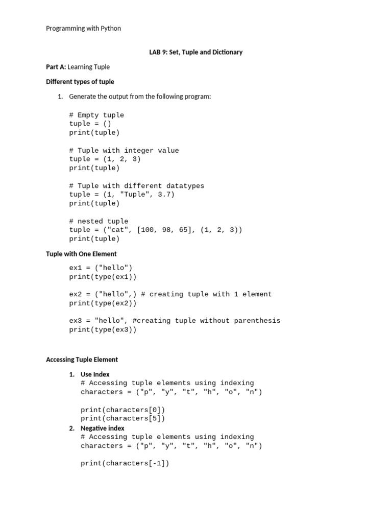 Lab 9 - Set, Tuple and Dictionary-Updated | PDF | Python (Programming Language) | Computer Science
