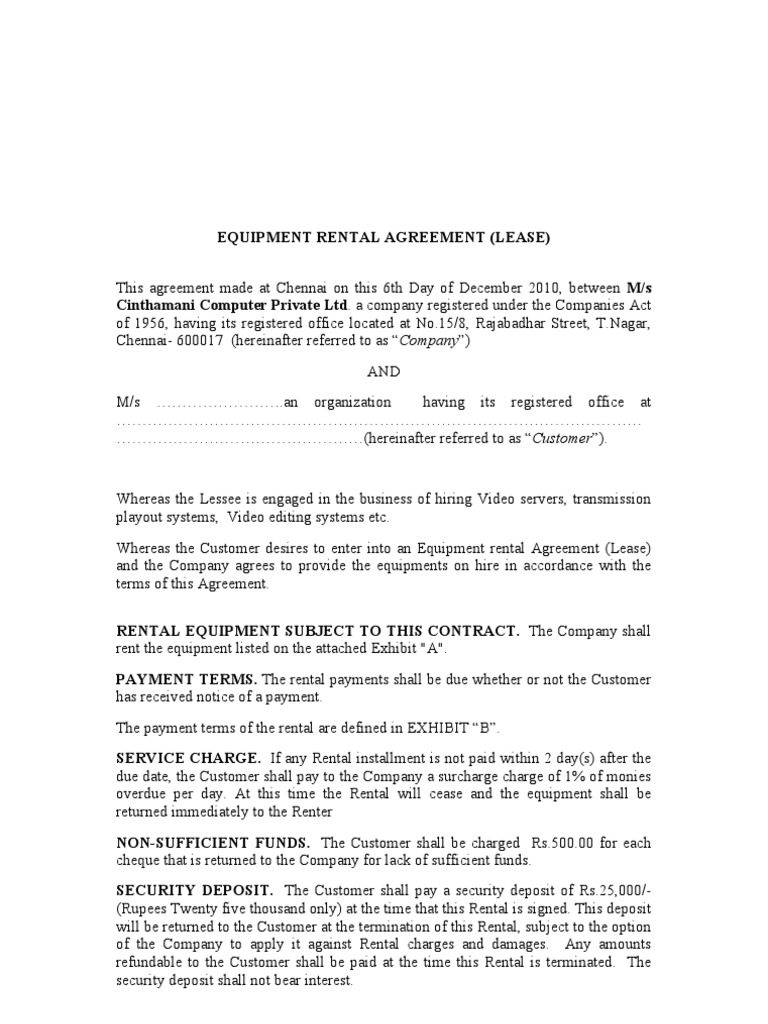 Equipment Rental Agreement | PDF | Indemnity | Renting