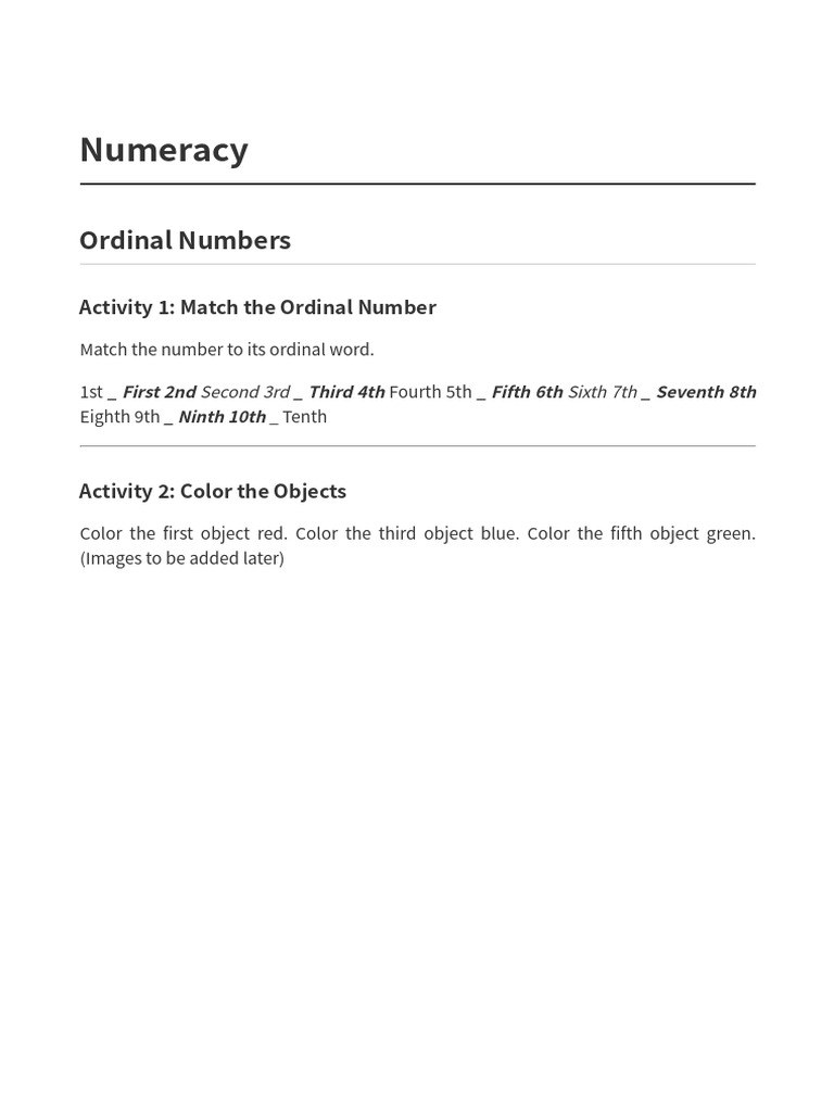 Ordinal Numbers Matching Activity | PDF