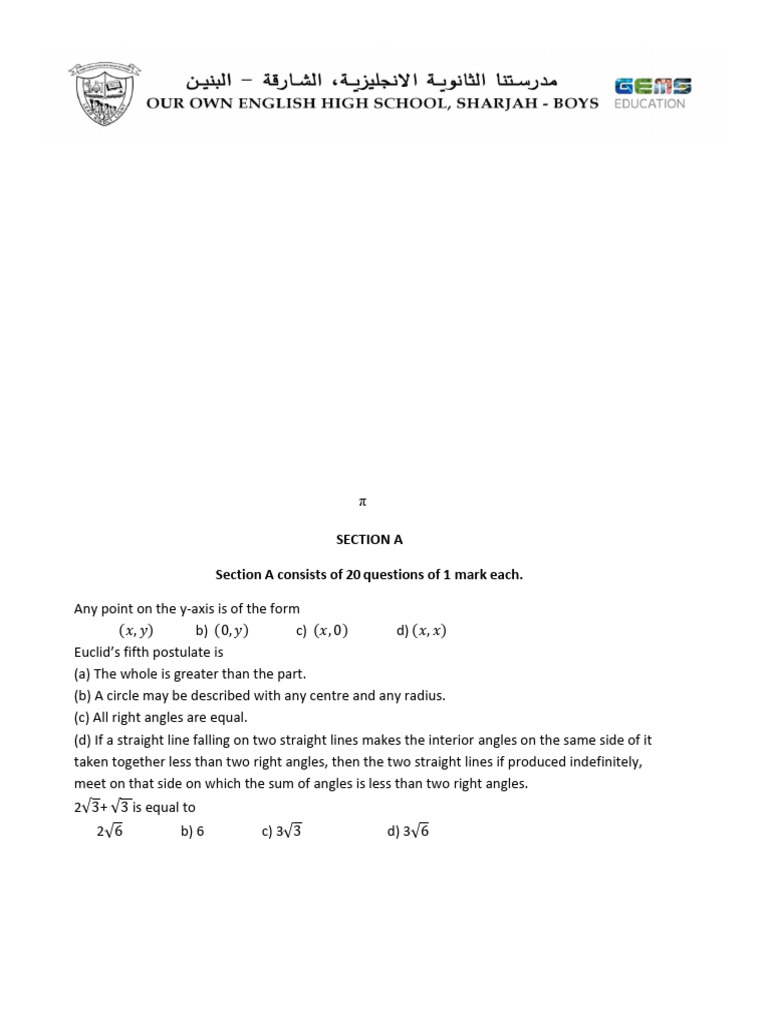 Final Examination - Sample Paper | PDF | Elementary Geometry | Mathematics