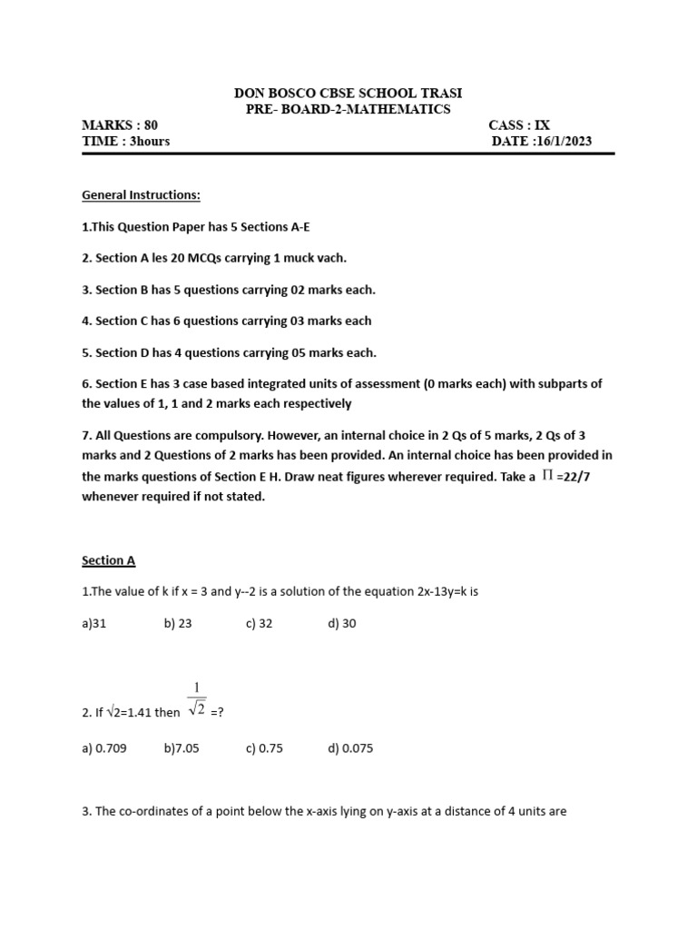 IX Mathematics Pre-Board Exam Paper | PDF | Cost Of Living | Euclidean ...
