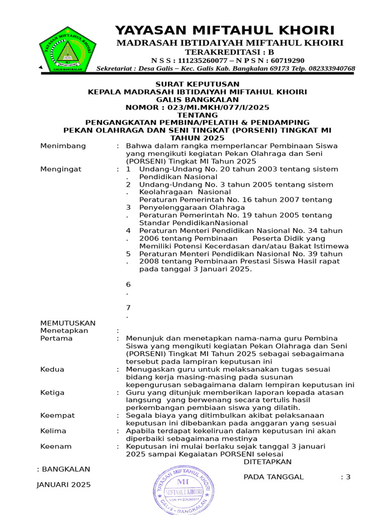 SK Pembina - Pelatih Porseni 2025 | PDF