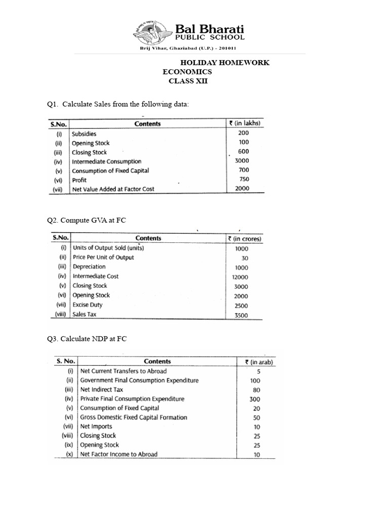 Class XII Economics Holiday Homework Guide | PDF | Gross Domestic ...