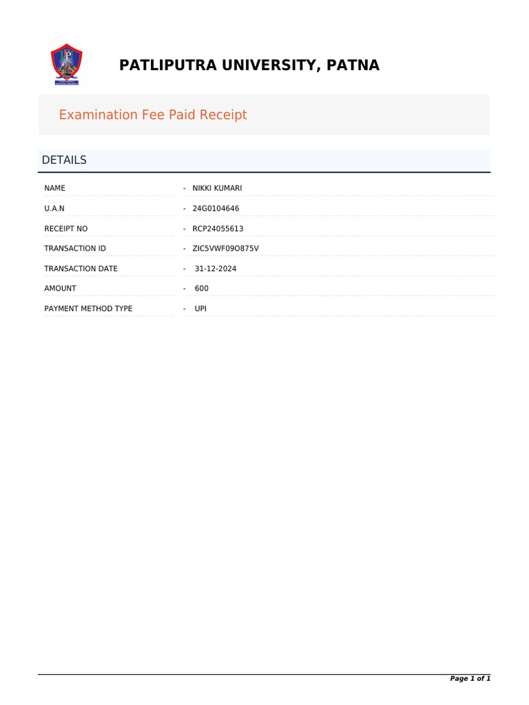 Patliputra University, Patna: Examination Fee Paid Receipt | PDF
