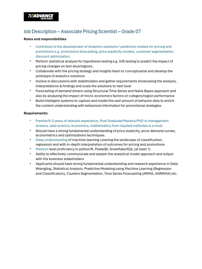 Associate Pricing Scientist Job Description | PDF
