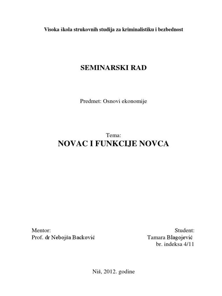 Novac I Funkcije Novca - Tamara Blagojevic | PDF