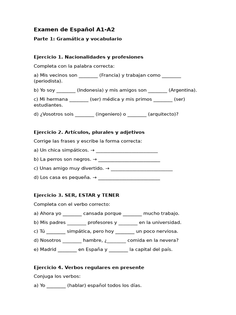 Examen de Español A1-A2 María | PDF | Verbo