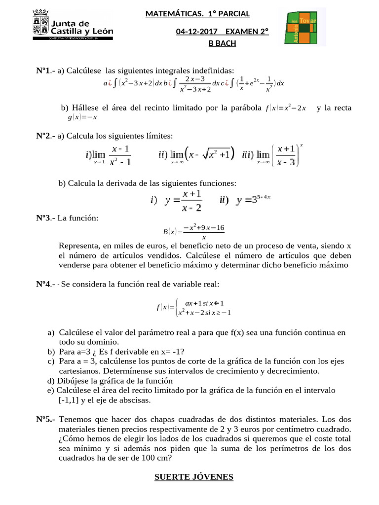 Examen de Matemáticas: Integrales y Funciones | PDF