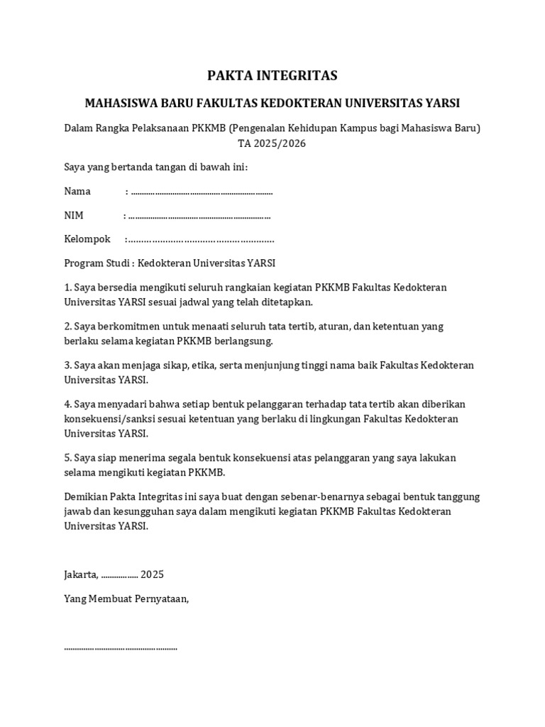 Pakta Integritas Mahasiswa Baru FK Yarsi | PDF