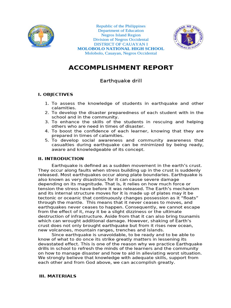 Earthquake Drill Accomplishment Report | PDF | Earthquakes | Plate ...