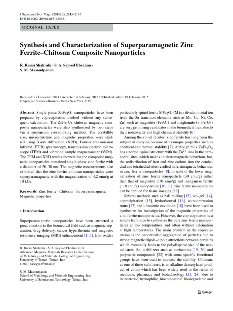 Synthesis and Characterization of Superparamagnetic Zinc Ferrite ...