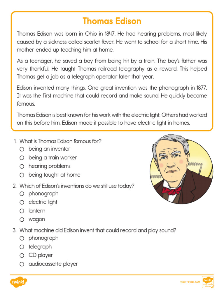 Us L 380 Thomas Edison Differentiated Reading Comprehension Activity ...