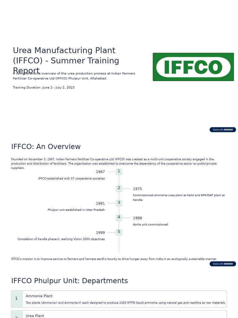 IFFCO Urea Manufacturing Training Report | PDF | Urea | Chemical Substances