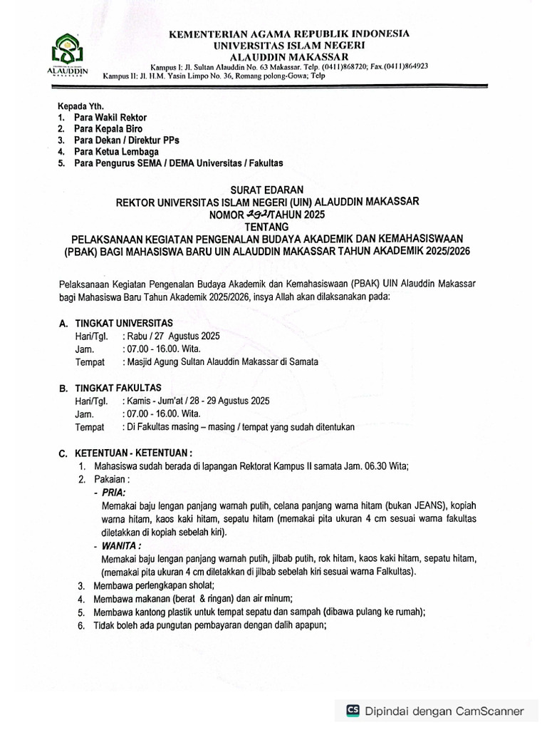 Surat Edaran Pbak 2025 Uin Alauddin Makassar | PDF