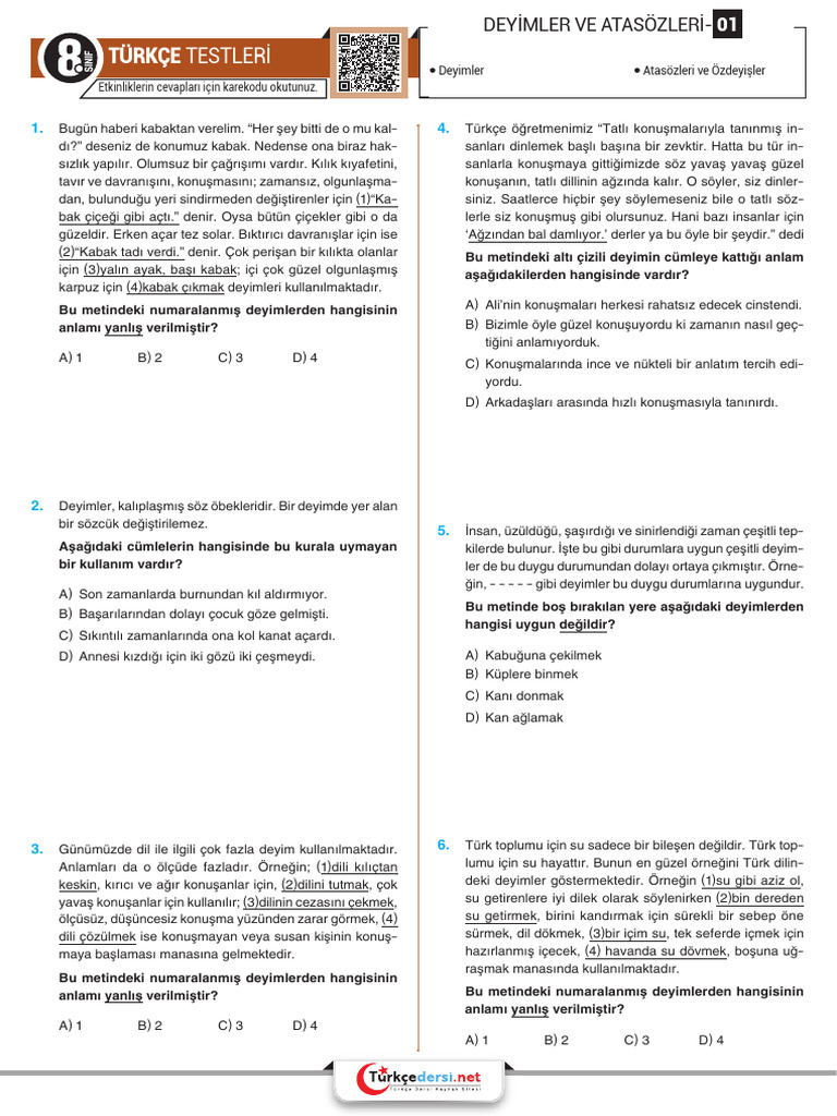 Sinif Indirilebilir Testler Deyimler Ve Atasozleri 01 | PDF
