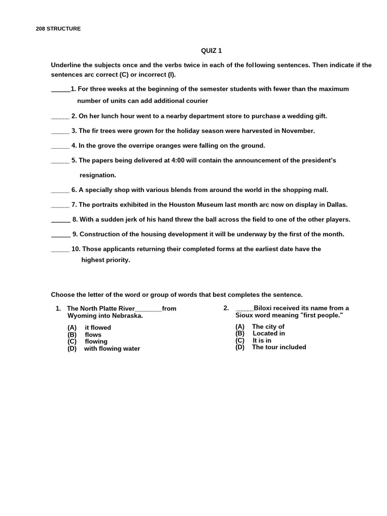 Sentence Structure Quiz and Exercises | PDF