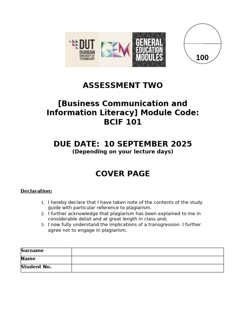 Assessment 2 Cover Page Rubric | PDF | Information Literacy | Cognitive ...