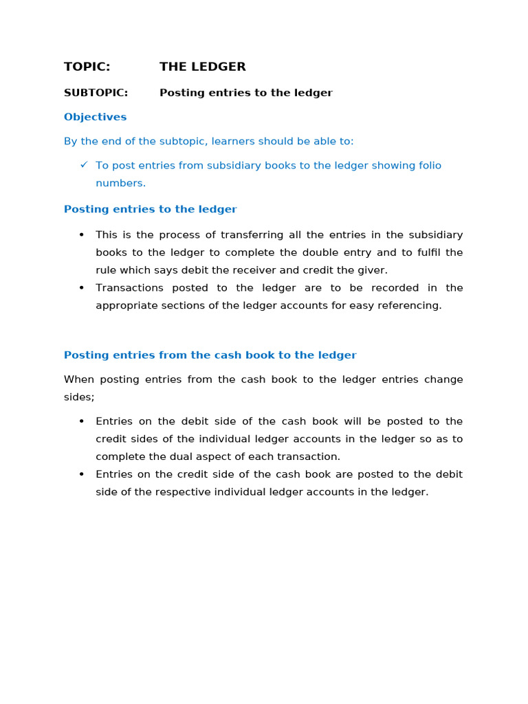 Posting Entries To The Ledger | PDF | Debits And Credits | Financial ...