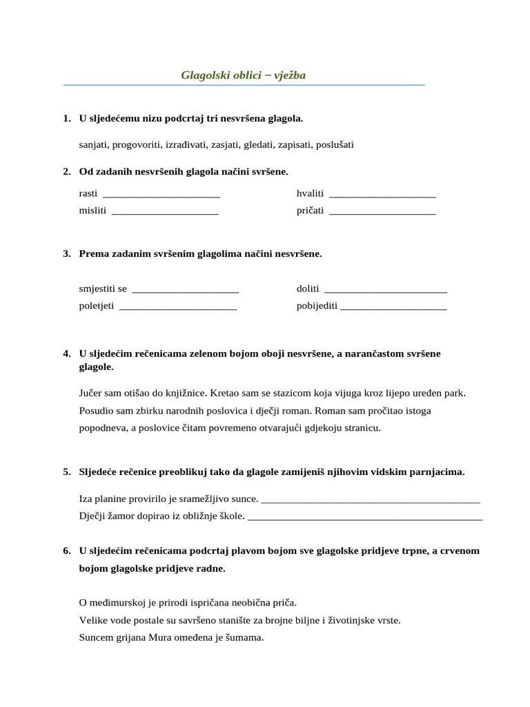 Glagolski Oblici Vježba | PDF