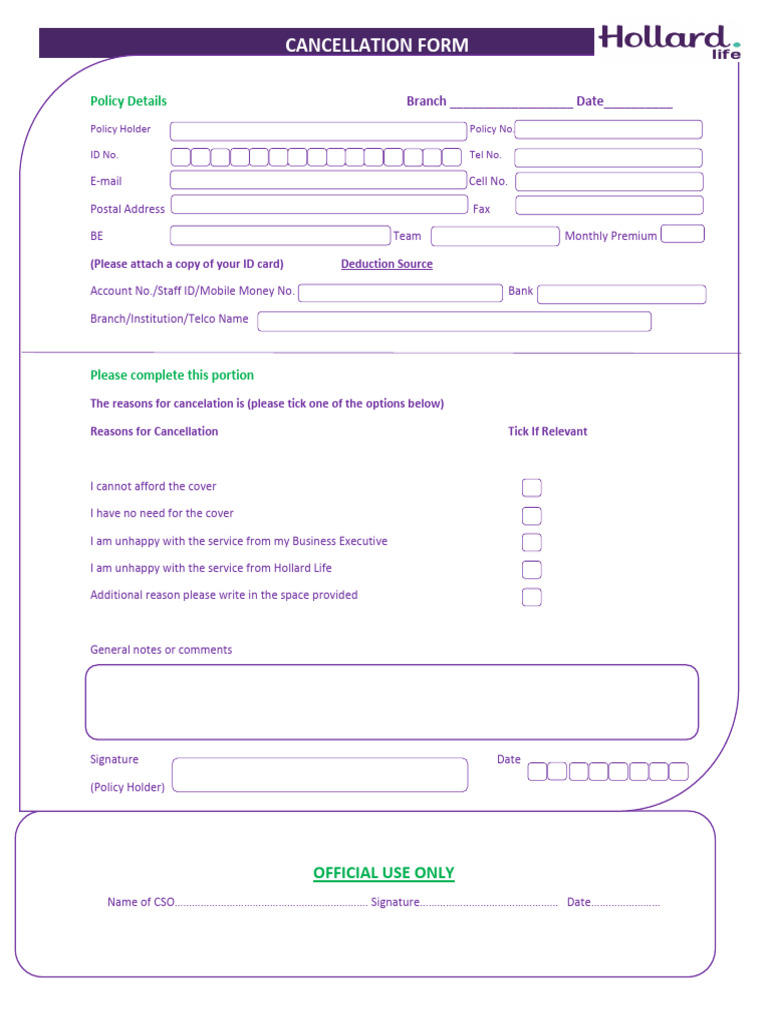 Cancellation Form for Insurance Policy | PDF