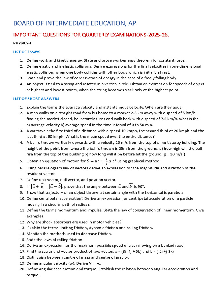 Important Questions for 1st Year Exams | PDF | Acceleration | Force