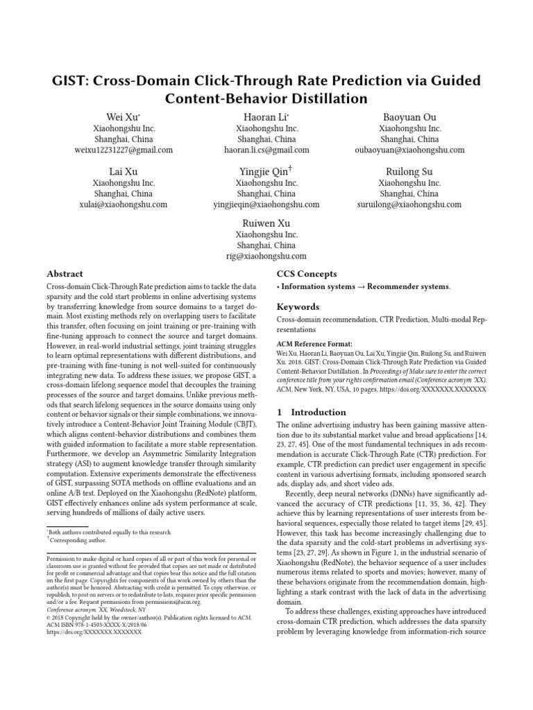 GIST - Cross-Domain Click-Through Rate Prediction Via Guided Content-Behavior Distillation | PDF ...