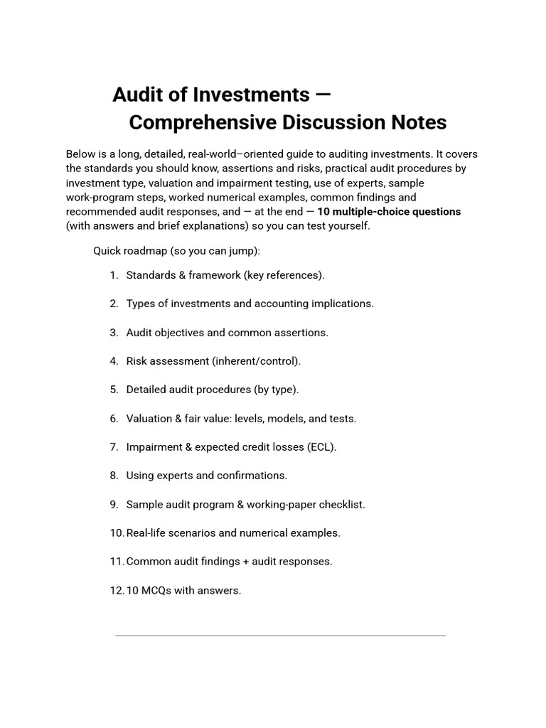 Comprehensive Discussion Notes - Audit of Investments | PDF | Fair ...