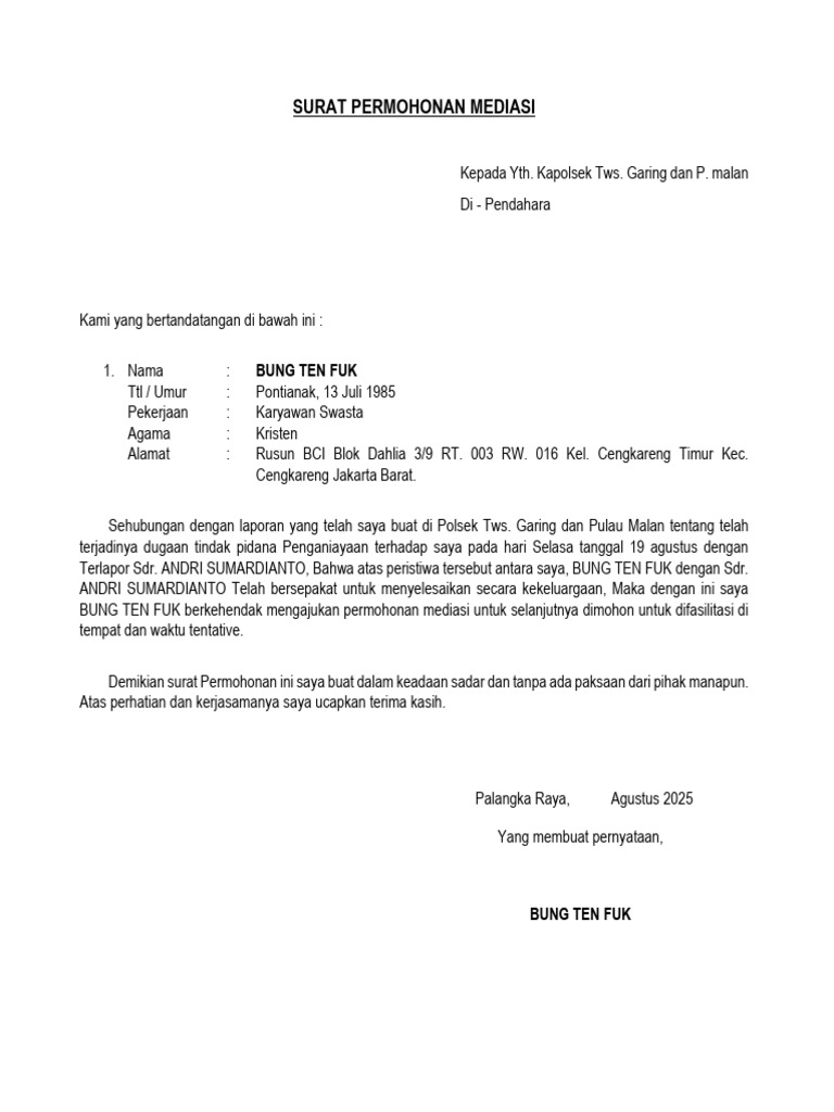 Surat Permohonan Mediasi | PDF