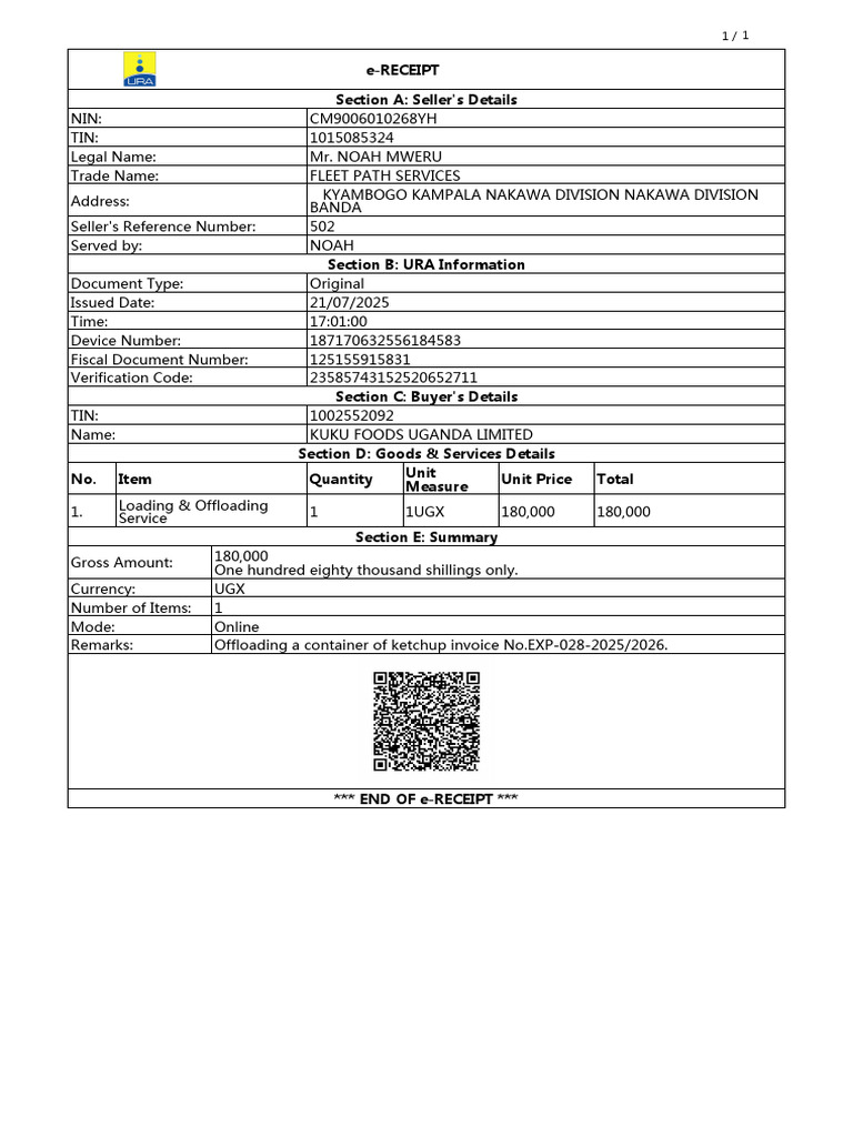 e-Receipt for Kuku Foods Uganda | PDF