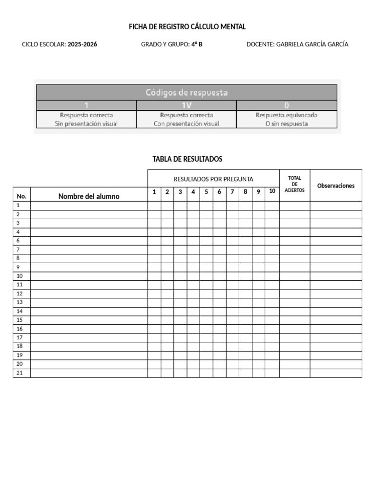 Ficha de Registro CALCULO MENTAL 4to 2025-2026 | PDF