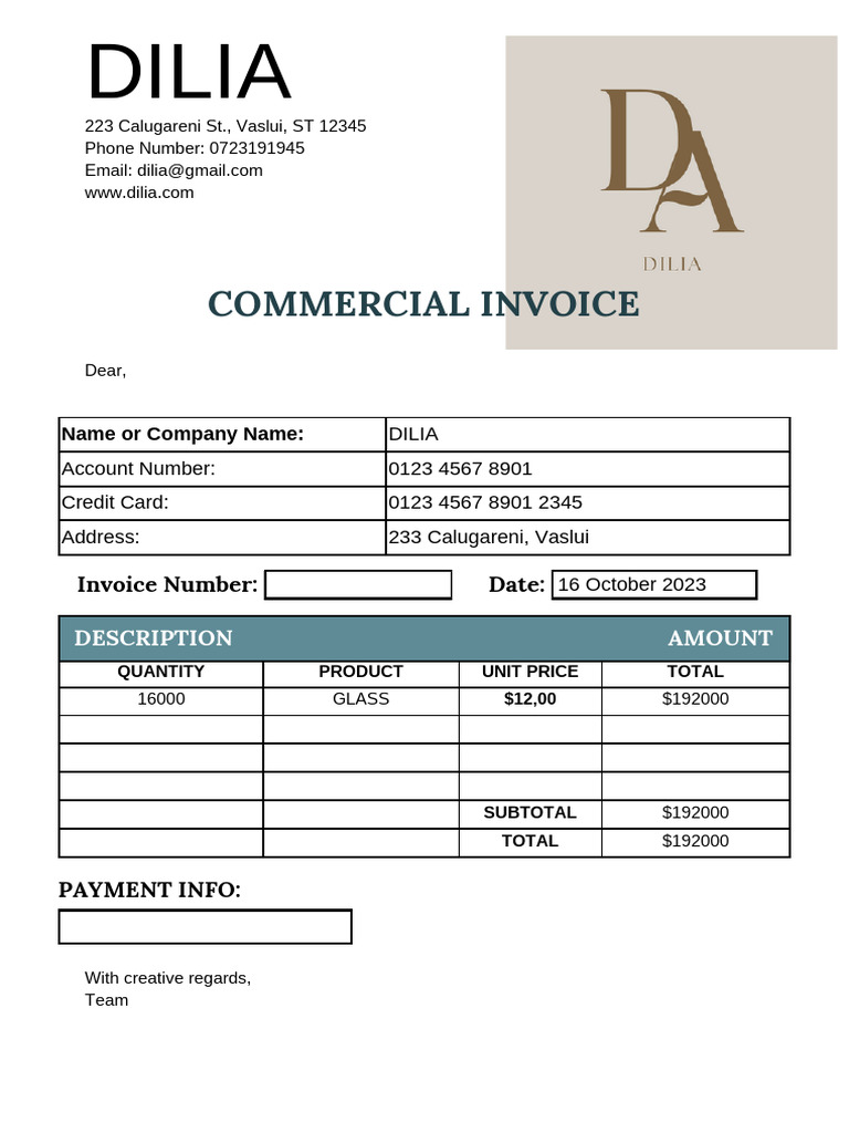 Commercial Invoice for Glass Purchase | PDF