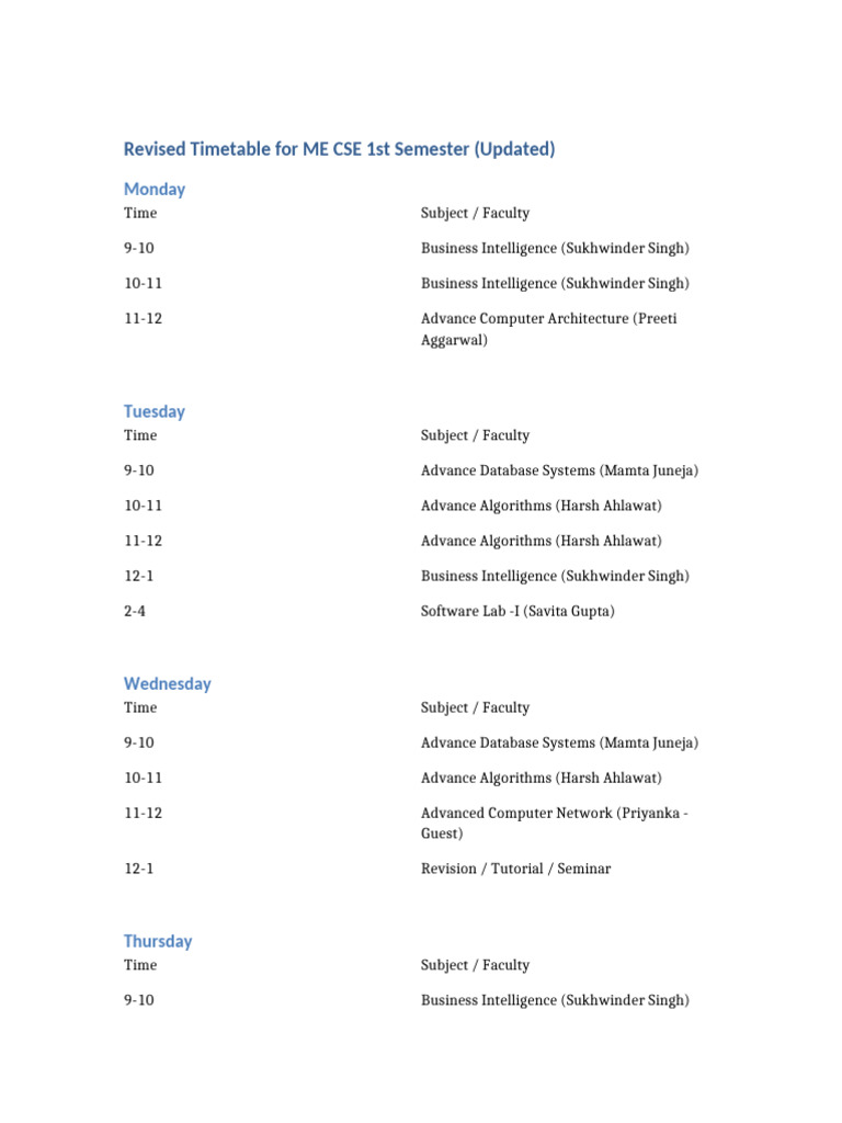 Revised Timetable ME CSE Updated | PDF