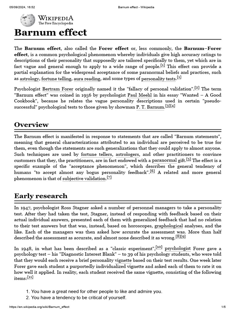 Barnum Effect - Wikipedia | PDF | Cognitive Psychology | Pseudoscience