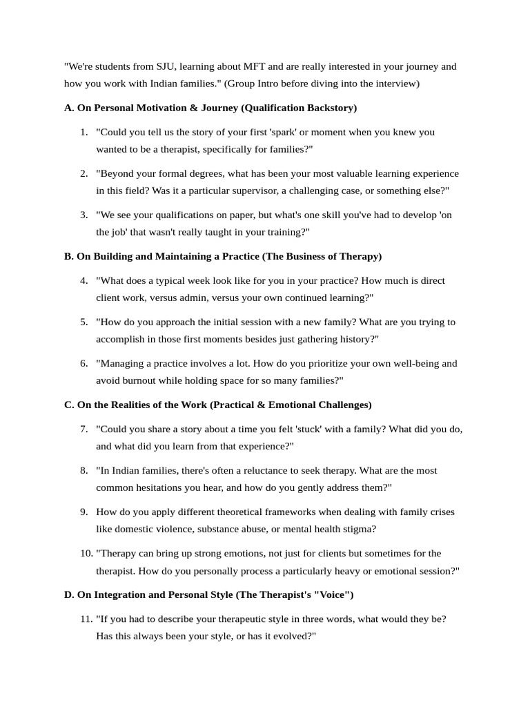 Interview Questionnaire Mft Draft | PDF | Psychotherapy | Behavioural Sciences