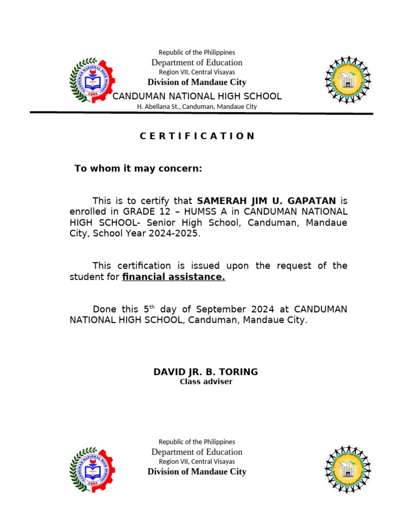 Canduman National High School Certifications | PDF