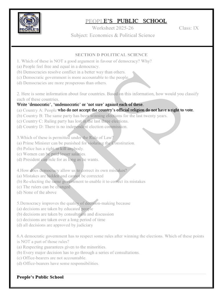 Worksheet 9th Economics and Pol Sci | PDF | Democracy | Political Ideologies