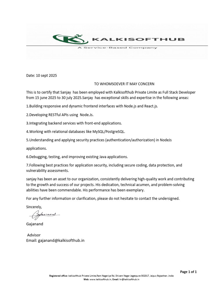 Sanjay Experience Letter | PDF