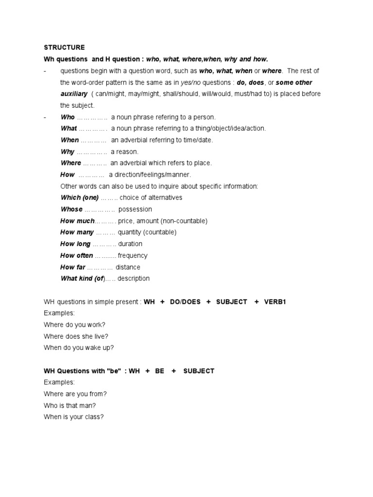 WH Questions Structure | PDF | Question | Grammatical Tense