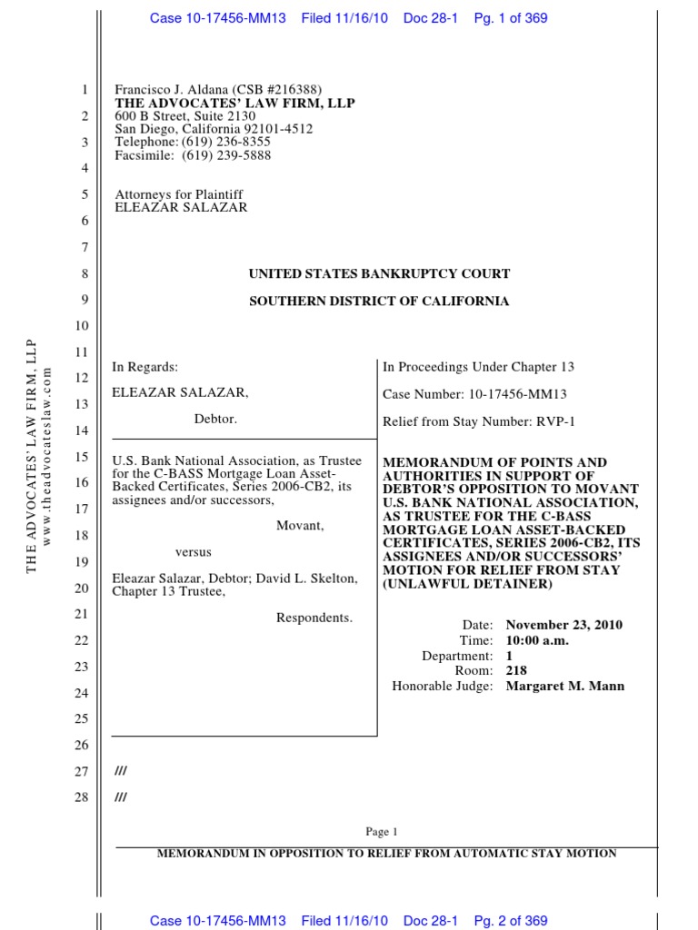 Opposition to Relief of Stay Motion | Mortgage Law | Deed Of Trust ...