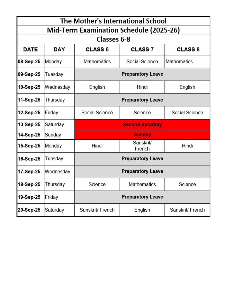 Mid-Term Examination Schedule Classes 6-8 | PDF