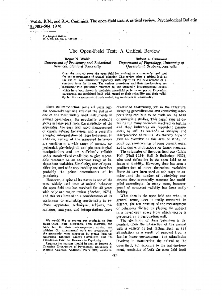 The Open Field Test. A Critical Review | PDF | Sleep | Hippocampus