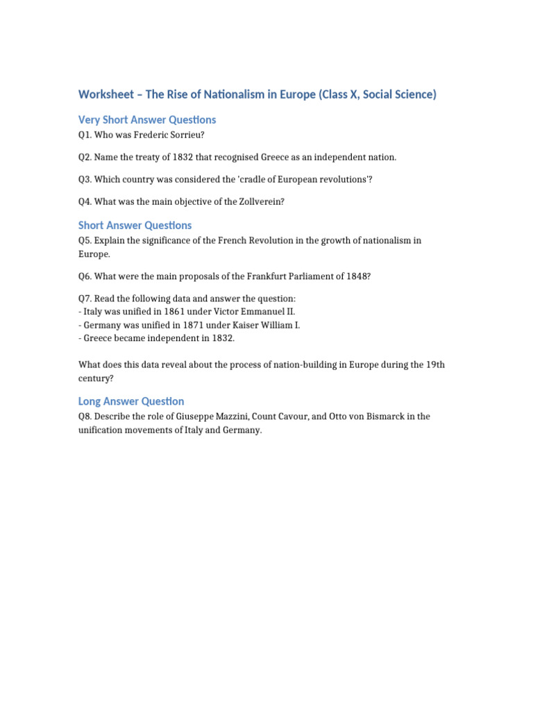 Worksheet Rise of Nationalism Europe Class10 | PDF
