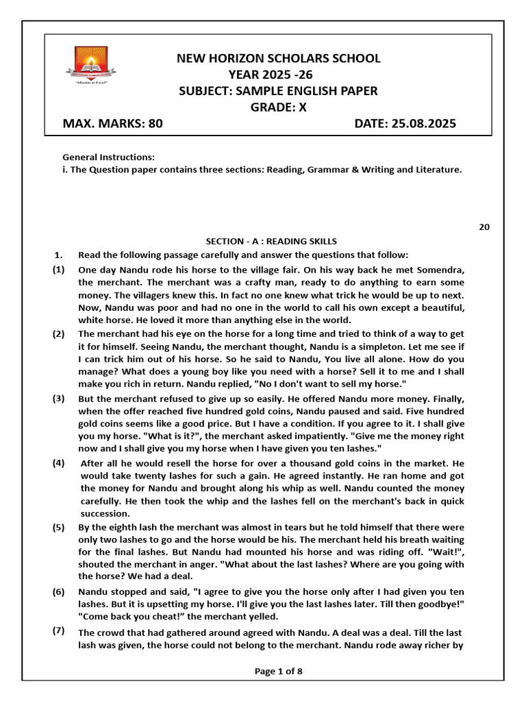 Sample English Paper for Grade X | PDF | Public Health | Health Sciences