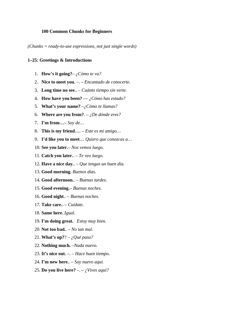 100 Common Chunks For Beginners | PDF