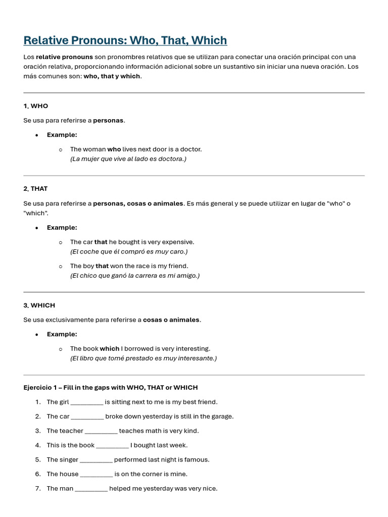 Relative Pronouns Who, That, Which | PDF