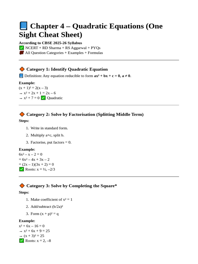 Quadratic Equations Cheat Sheet Guide | PDF