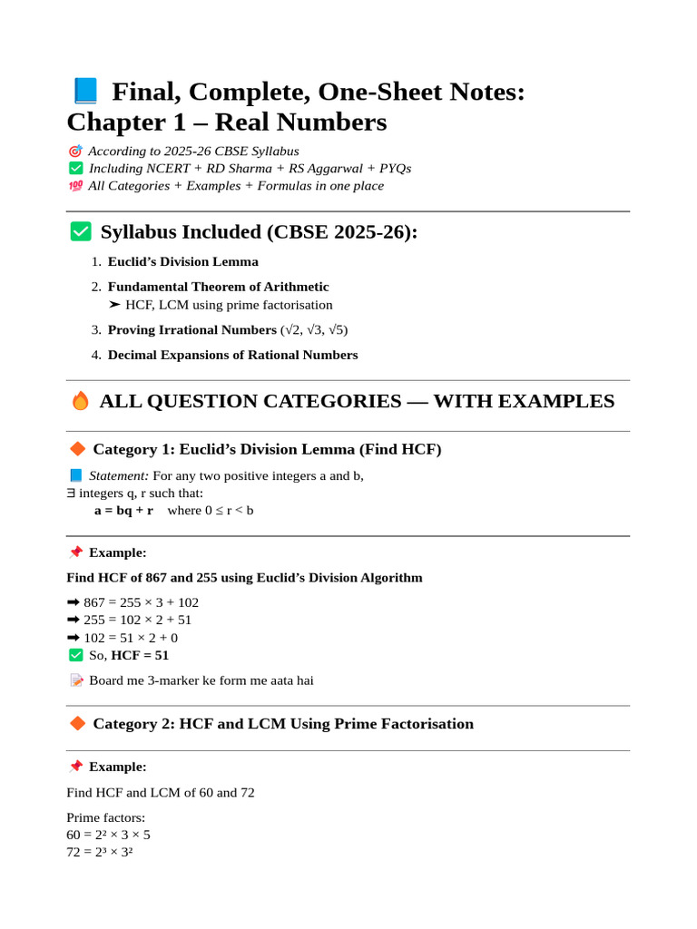 CBSE 2025-26 Real Numbers Guide | PDF | Mathematics | Number Theory