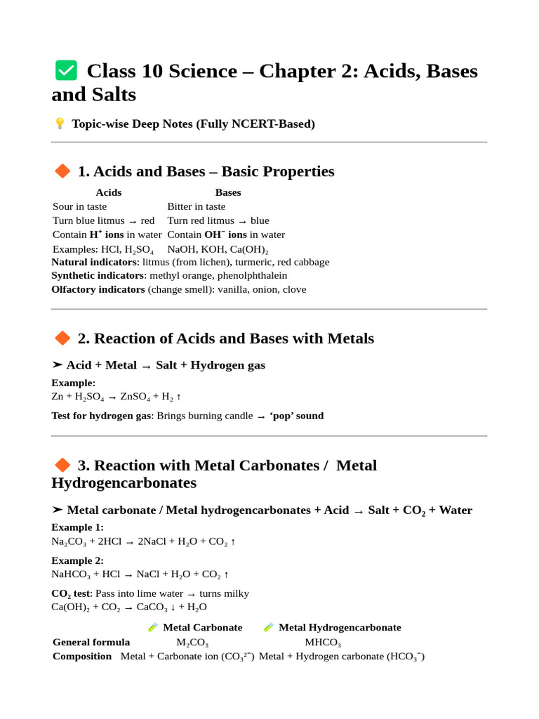 Class 10 Acids, Bases, and Salts Notes | PDF | Chloride | Hydroxide